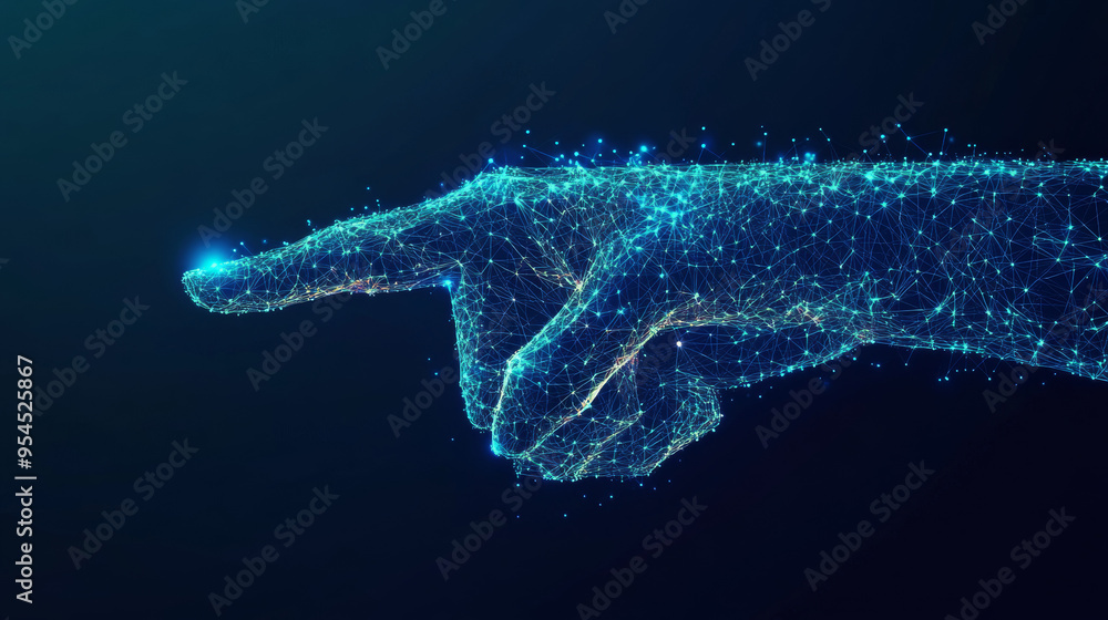An abstract digital hand pointing, depicted with forefinger in polygons ...