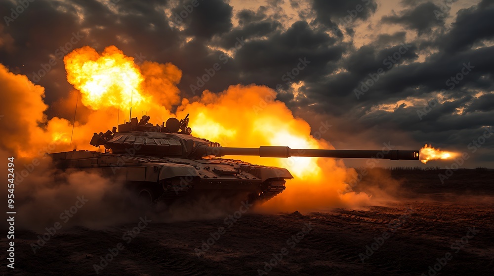 Combat Tank Firing with Intense Muzzle Flash under Dark Sky - Dramatic ...