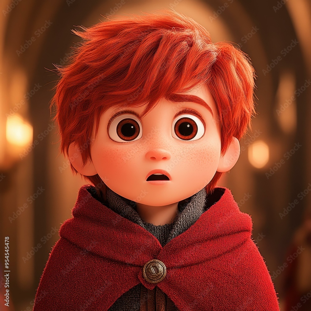 A redhaired boy in medieval attire, with a hooded gaze and bangs that ...