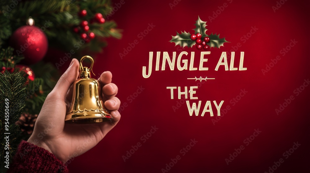 A hand holding a golden bell, text "JINGLE ALL THE WAY" in festive font ...