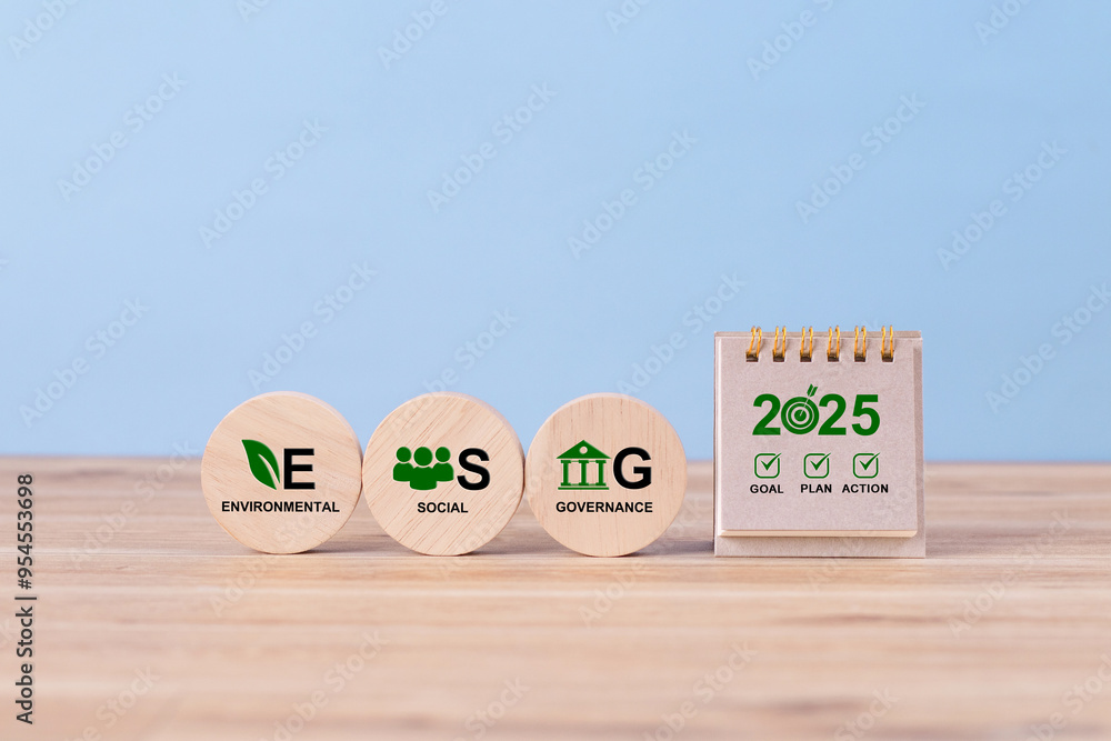 ESG goals by 2025 concept. Sustainable corporation development. Wooden ...