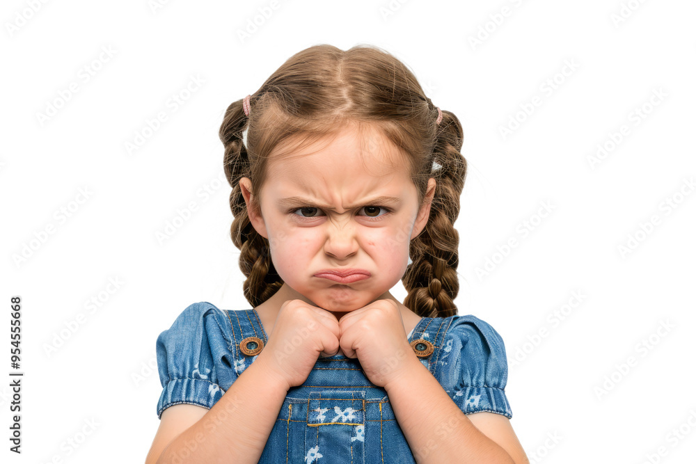 An angry little girl with clenched fists and furrowed brows, expressing ...