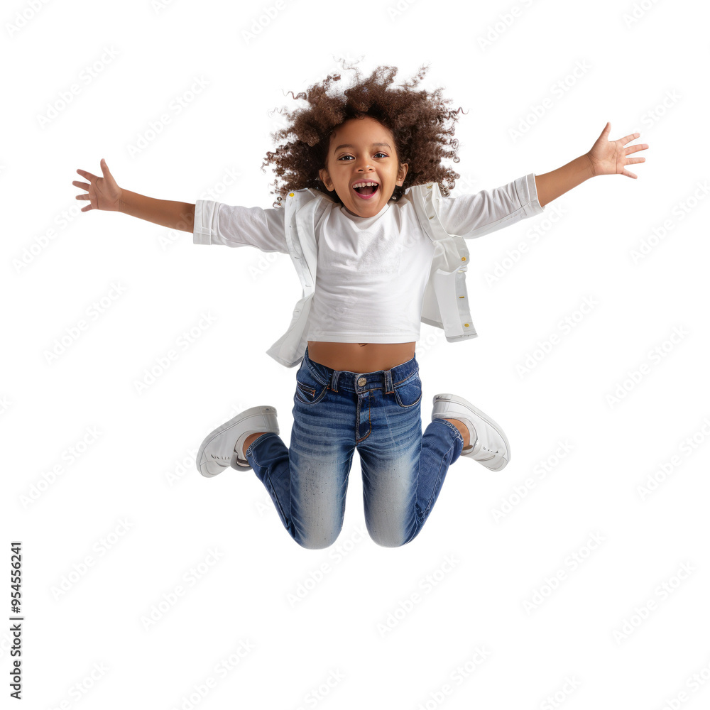 first-grade student jumping with joy, arms outstretched, a bright smile ...