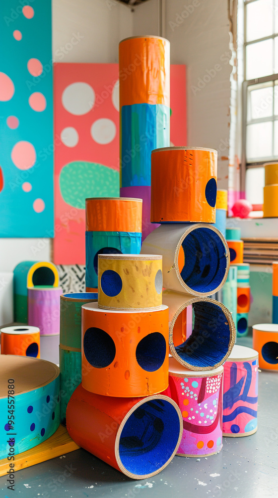 A DIY podium constructed from cardboard tubes and plywood, painted in ...