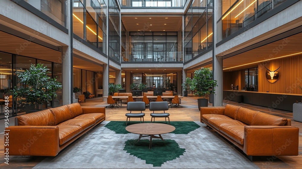 Interior of a high-rise office space, with open floor plans and ...