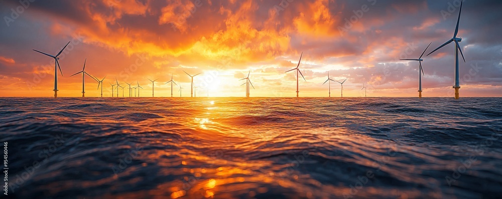 Panoramic view of an offshore wind farm, wind turbines aligned in the ...