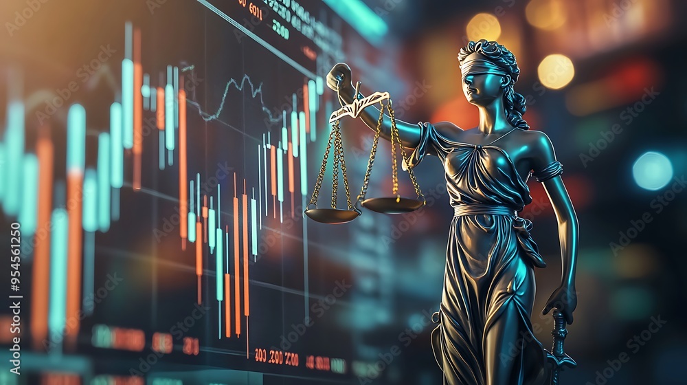 The Lady Justice statue stands before a stock market chart, symbolizing ...