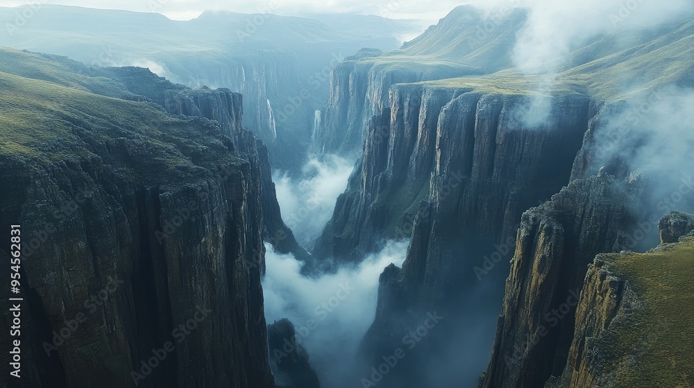 Bird's-eye view of the jagged cliffs and deep gorges of the Tugela ...