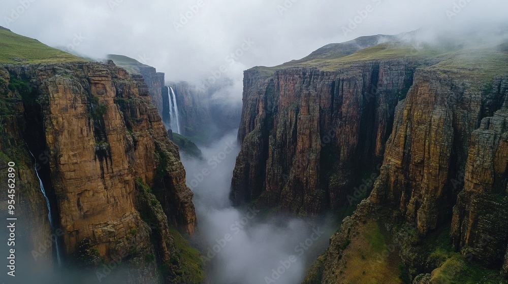 Bird's-eye view of the jagged cliffs and deep gorges of the Tugela ...