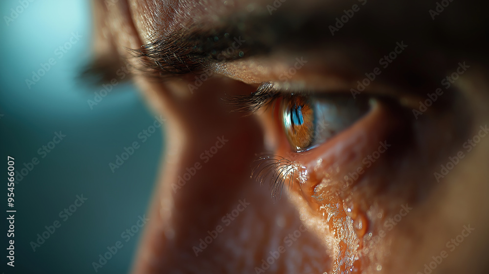 A close-up of a tearful eye, reflecting deep emotion, capturing the raw ...