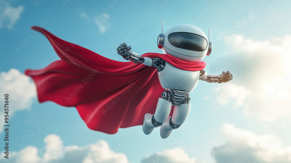 A chatbot robot in a red cape, flying as an AI assistance superhero. 3D ...