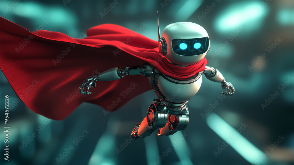 A chatbot robot in a red cape, flying as an AI assistance superhero. 3D ...