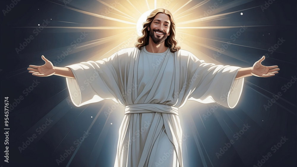 Jesus Christ smiling in rays of light on isolated background in cartoon ...