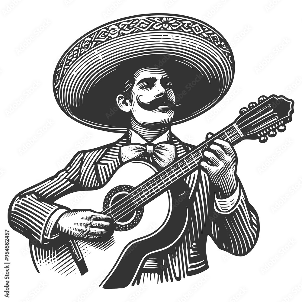Mexican mariachi musician playing guitar, traditional sombrero and ...