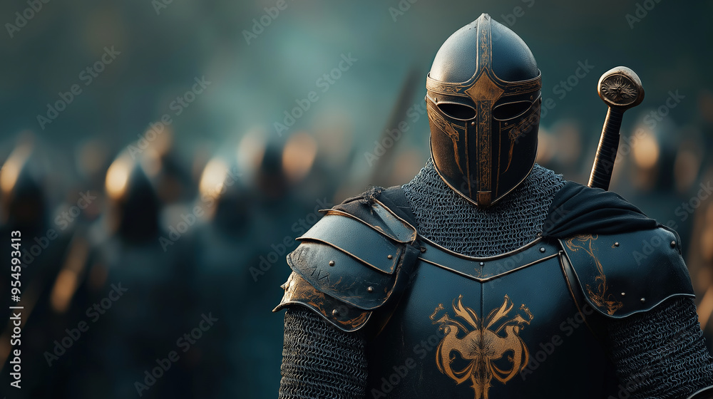 A close-up of a medieval knight in ornate armor, standing with a sword ...