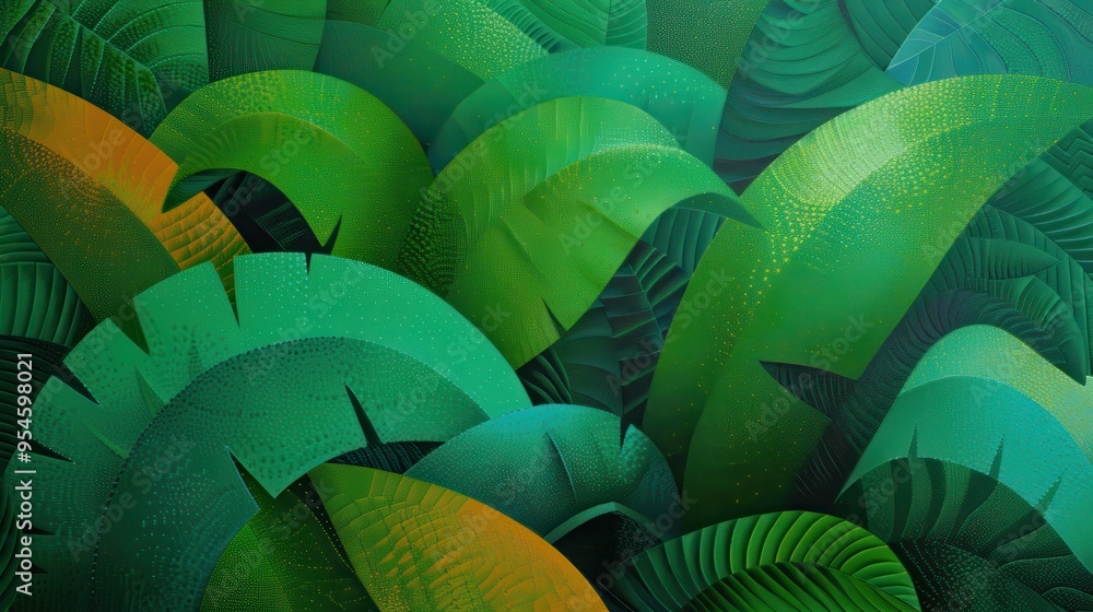 Tropical Unity, a vibrant pointillist depiction of a lush green forest ...