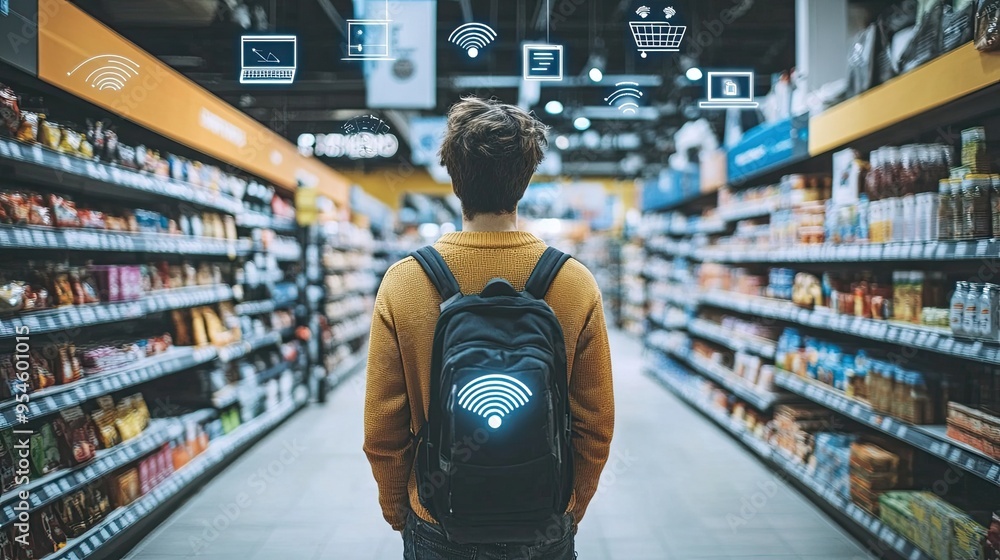 Person in a store surrounded by technology symbols, representing wi-fi ...