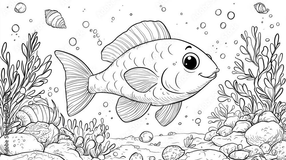 Coloring page, Adorable cartoon fish swimming underwater, surrounded by ...