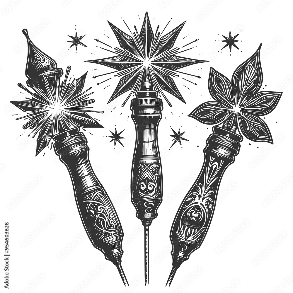 magic wands featuring starburst tips, ideal for fantasy themes, magical ...