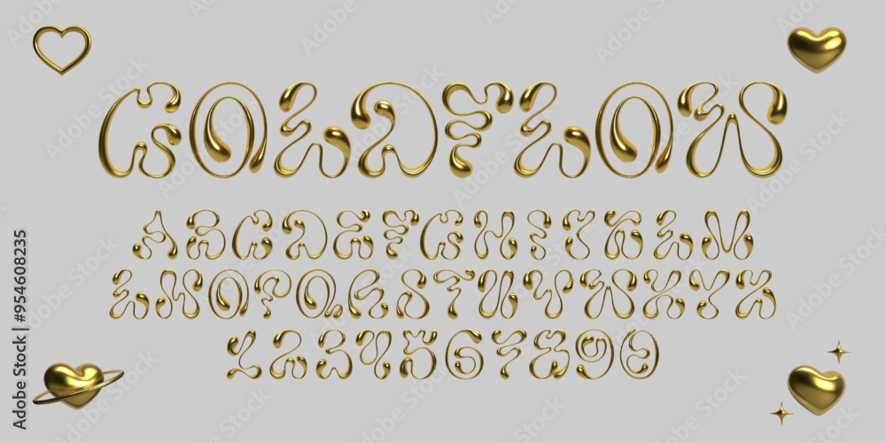 3D gold fluid font with abstract wavy shapes, glossy shiny surface ...