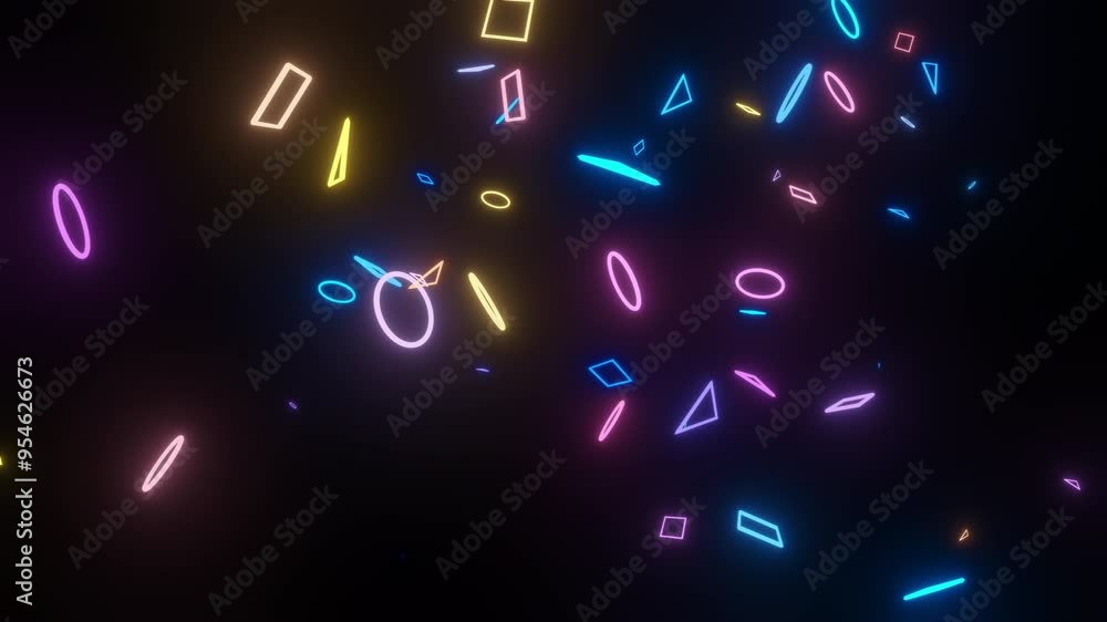 Abstract animated background of small neon shapes randomly slow moving and rotating, 4K animated ...