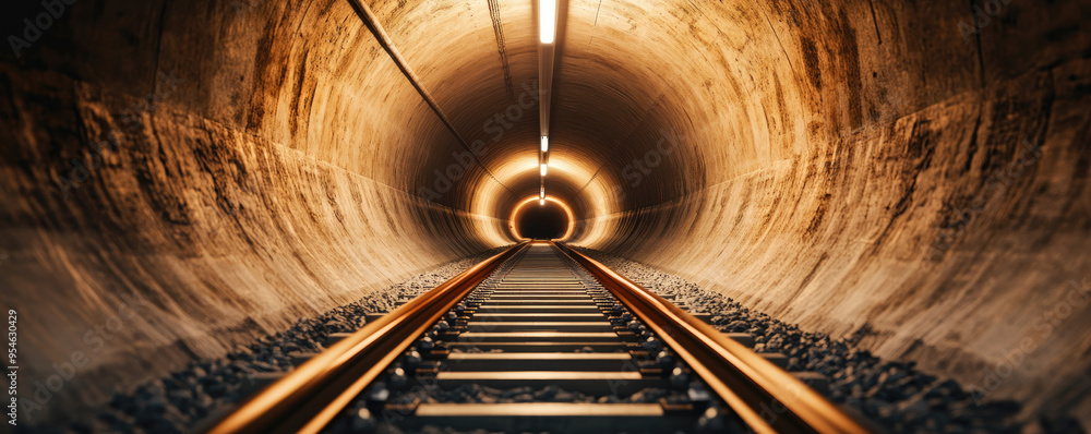 Illuminated railway tunnel, featuring parallel tracks leading to a ...