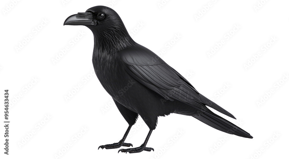 Black crow in an aggressive flight pose, depicted in a front-facing ...