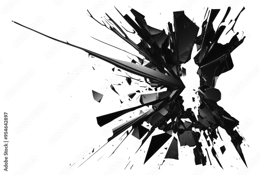 Black shattered glass exploding on empty transparent background ...