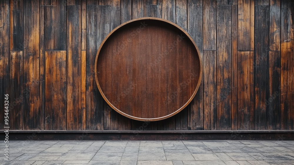 Wooden wall with a circular mockup signboard in a street setting, ideal ...