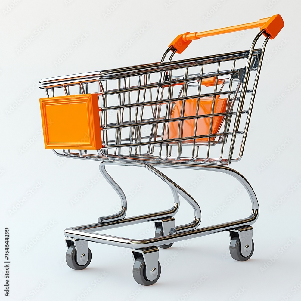 Ready to Roll: A gleaming, empty shopping cart with a bright orange ...