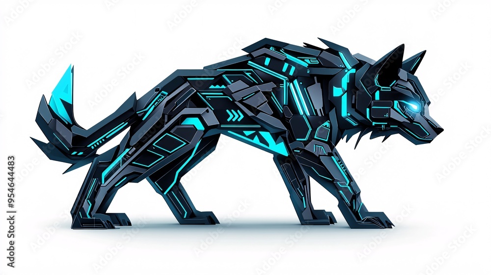 Icon illustration, cybernetic wolf, metallic body with neon blue ...