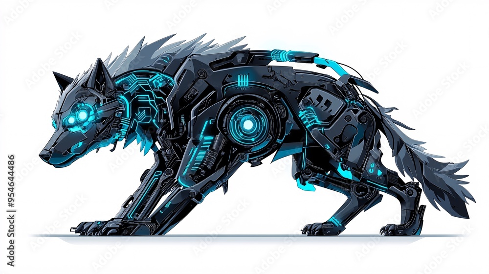 Icon illustration, cybernetic wolf, metallic body with neon blue ...