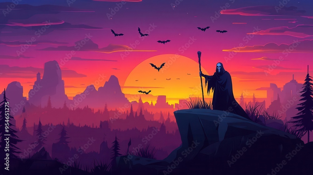 Spooky twilight sky with Grim Reaper silhouette, flat design, top view ...