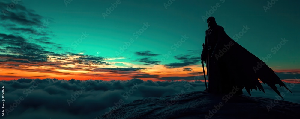 Twilight sky with a Grim Reaper silhouette, flat design, top view ...