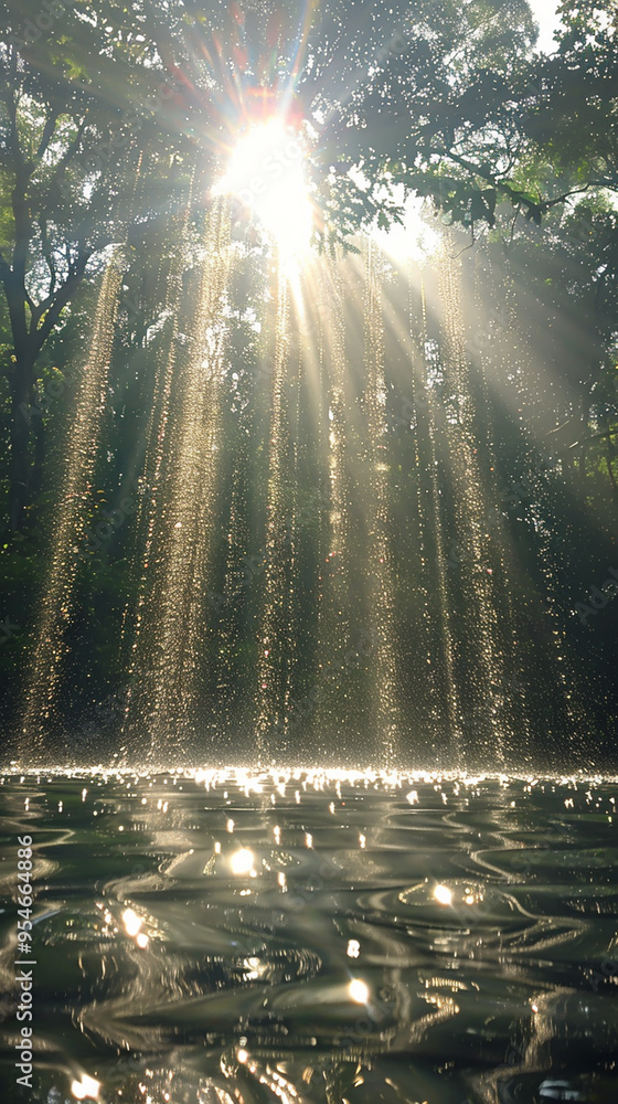 Sunlight Streaming Through Forest Canopy onto Sparkling Water Surface ...