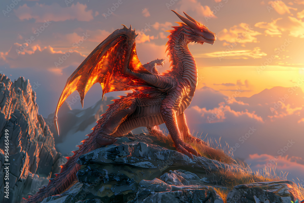 Dragon at Sunset: A majestic red dragon perches atop a mountain peak, its fiery scales ...