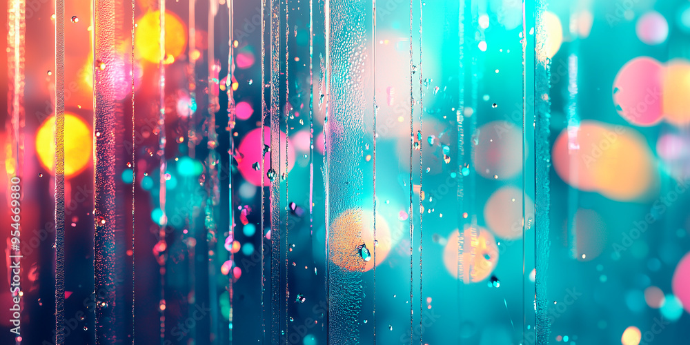 Light streaming through raindrops. Streams of water. Soft neon lights ...