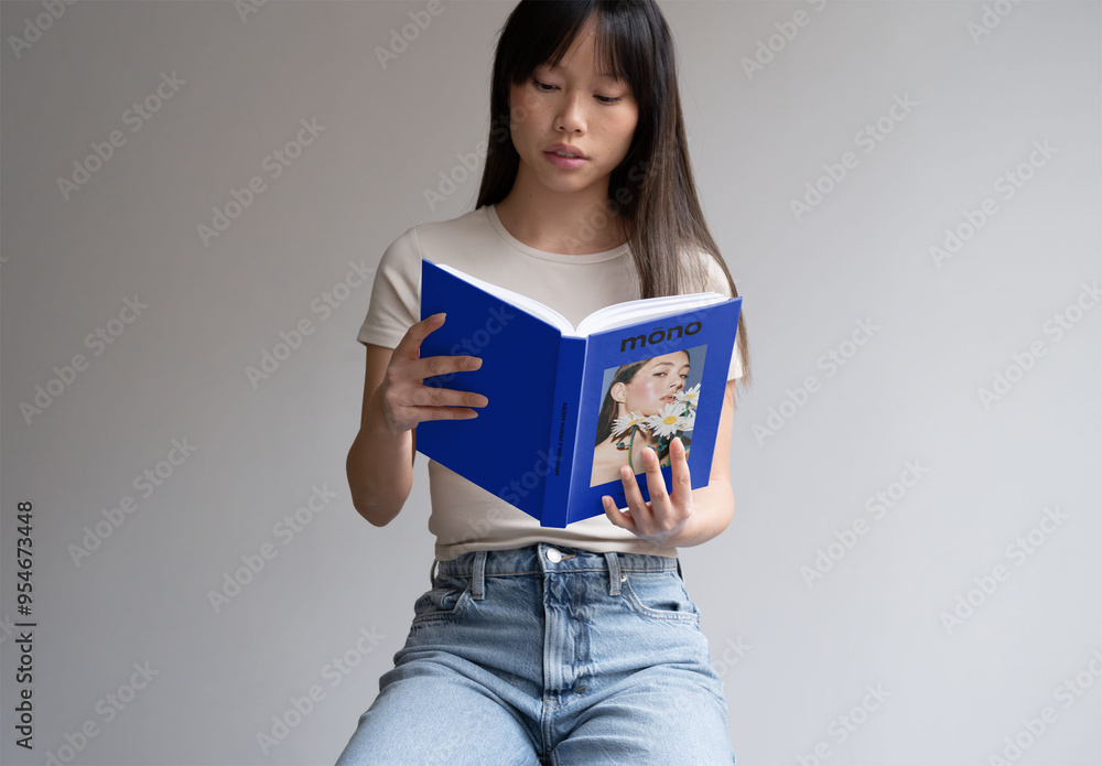 Mockup Of Woman Reading A4 Book With Customizable Cover In Studio Stock ...