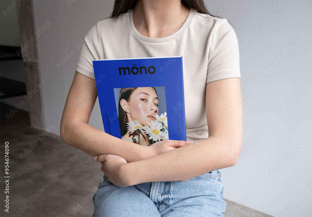 Mockup Of Woman Holding Closed A4 Magazine With Customizable Cover ...