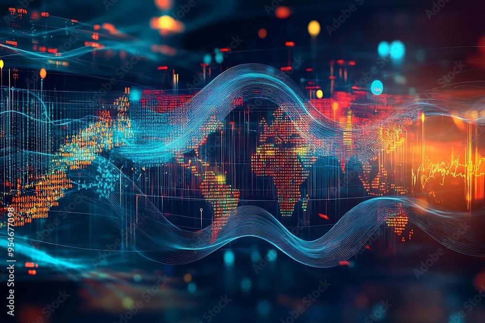 Global Network: Data Visualization with Wavy Lines and World Map Stock ...
