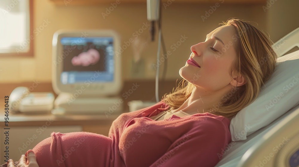 Pregnant mother lies comfortably on examination table as ultrasound ...