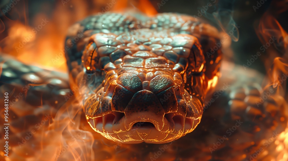 Giant snake is emerging from a blazing inferno with glowing scales. The ...