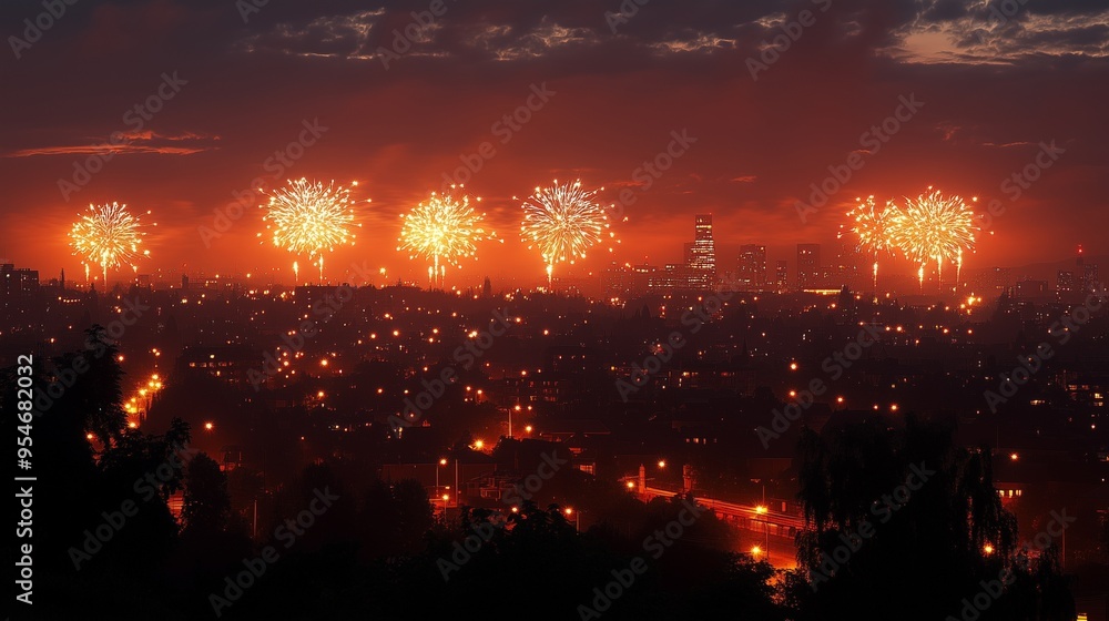 Guy Fawkes Night Fireworks. a cityscape at night with multiple ...