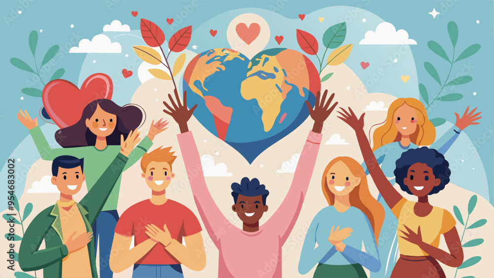 Group of multicultural people with arms and hands raised towards a hand ...