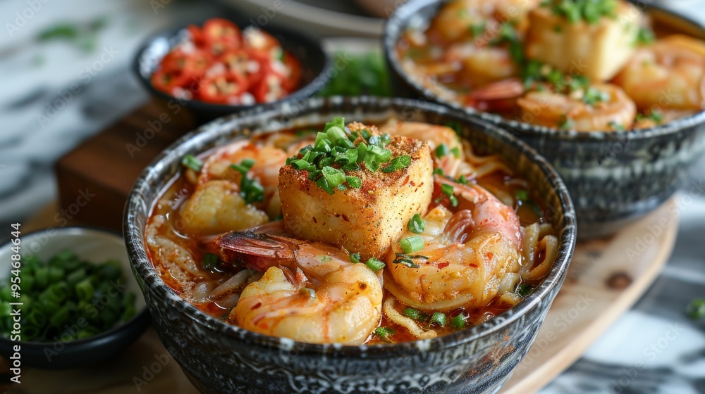 Singaporean Laksa: A spicy laksa noodle soup with prawns, tofu puffs ...