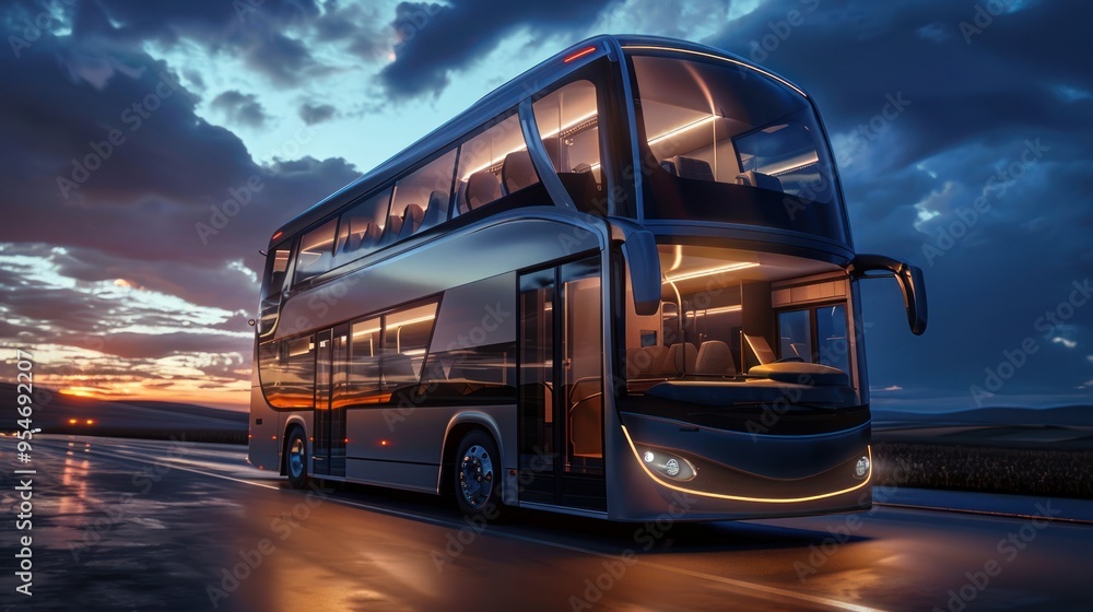 a modern, double-decker bus with sleek design and large windows ...