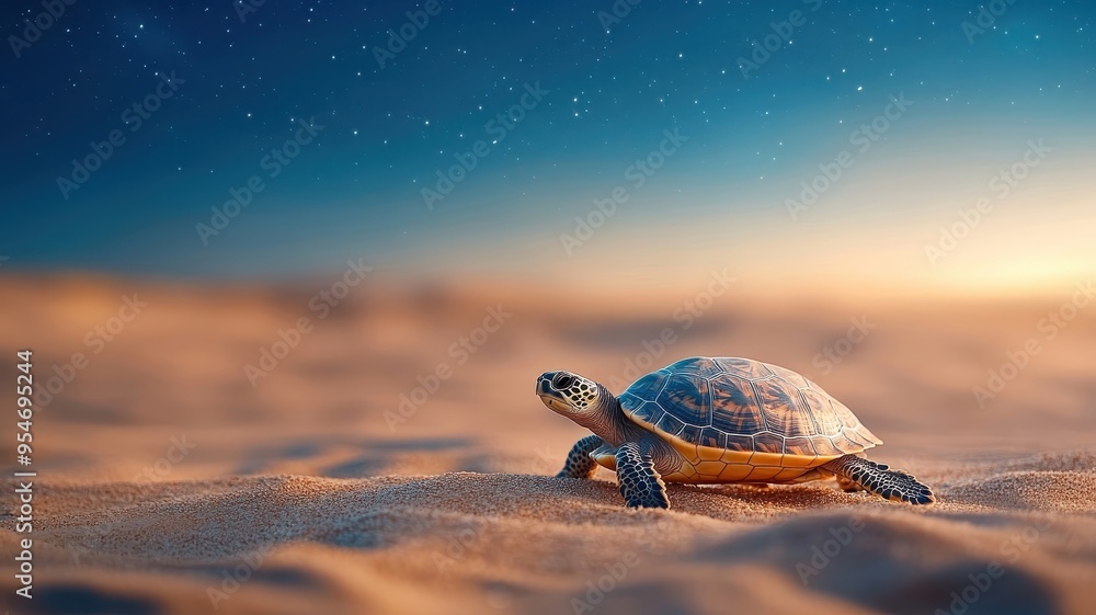 Turtle moving across a moonlit desert, its shell illuminated by ...