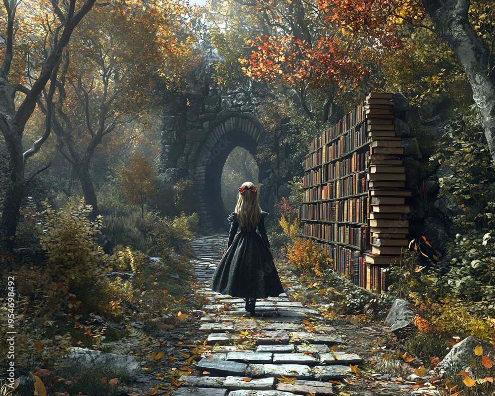 Generate a detailed, realistic scene of a girl dressed as Alice in ...
