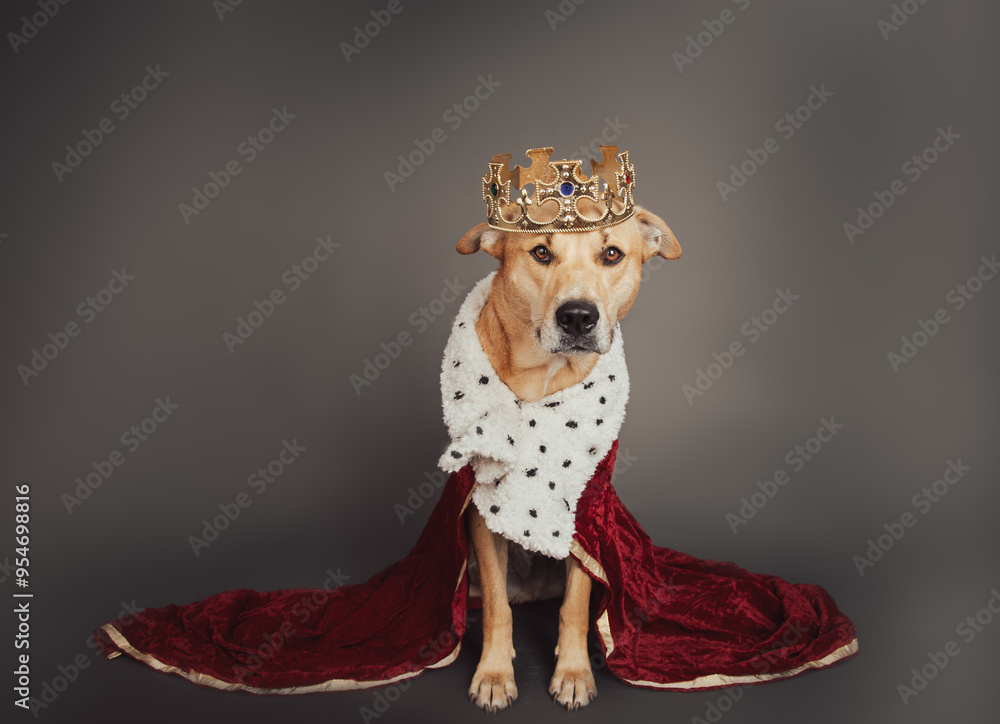 Portrait of a yellow labrador retriever dressed as a king wearing a ...