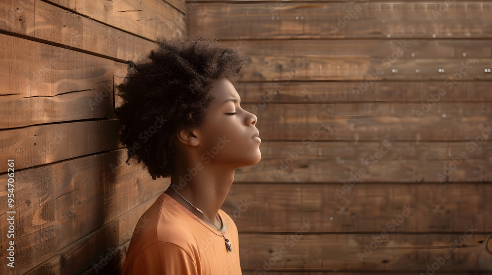 Cool young hipster gen z African American teen standing at wooden wall ...